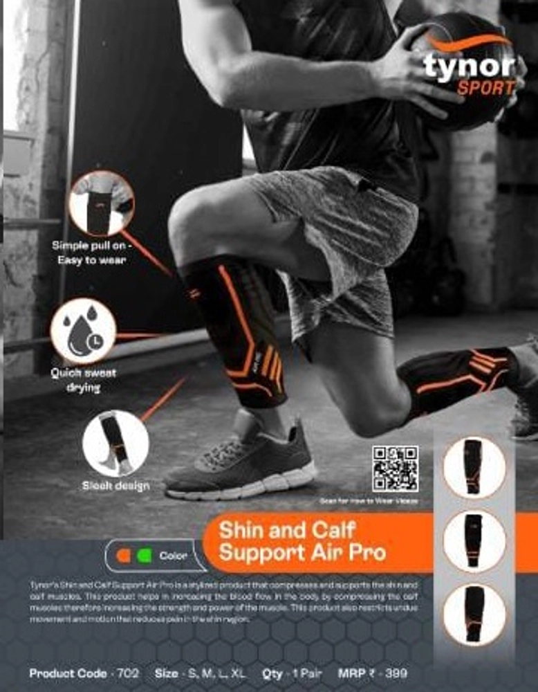 Tynor Shin & Calf Support Air Pro - (Black/Green) - Warrior Sports (India)