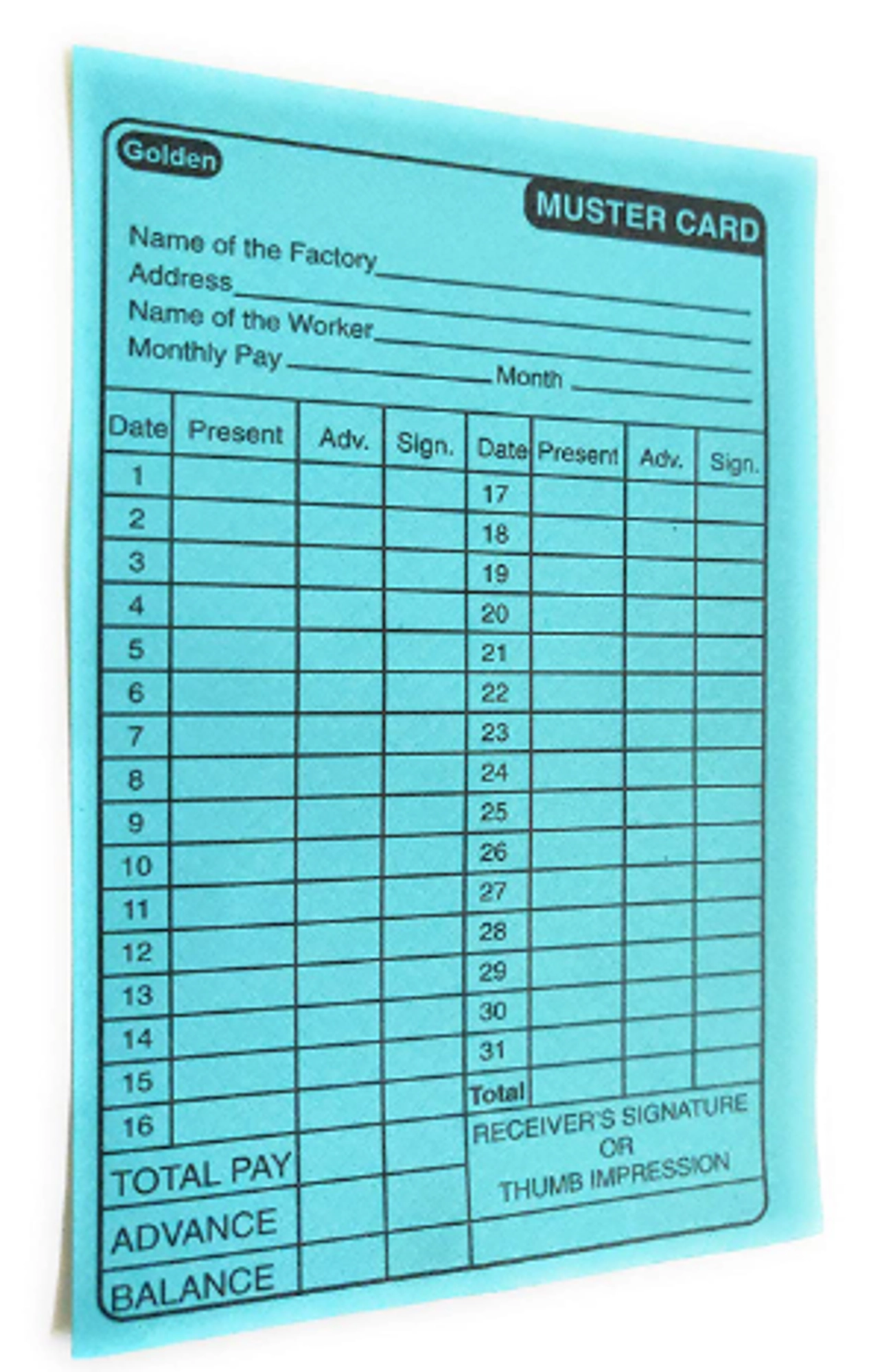 Daily Wages Muster Card Register Workers Attendance Slip