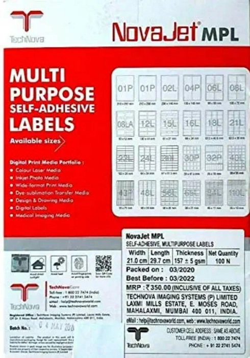 Buy NOVAJET 48 Labels (Per A4 Size Sheet) Multi Purpose Self Adhesive ...