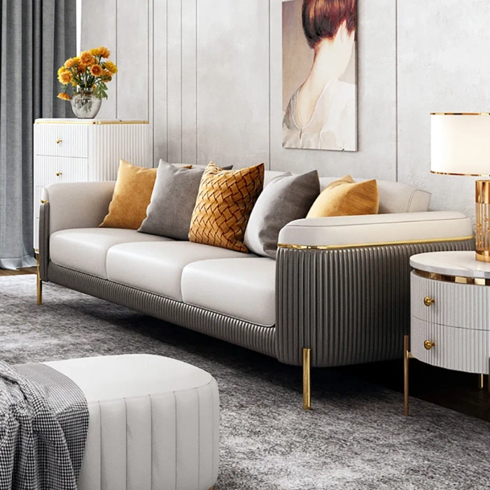 Luxury Faux Leather Sofa with 4 Legs Stainless Steel Frame in Gold Finish