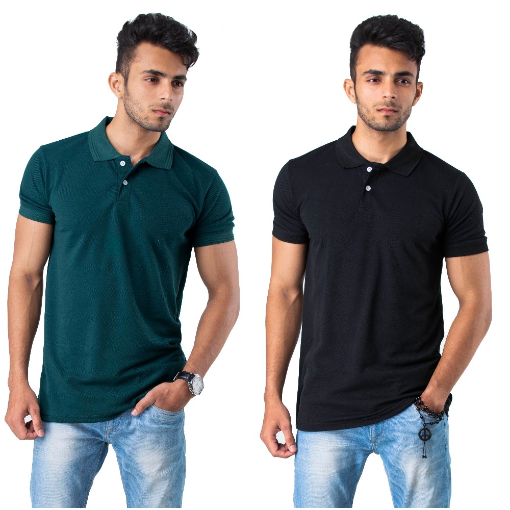 Pack of 2 Men's Collar T-Shirts - Dark Green/Black