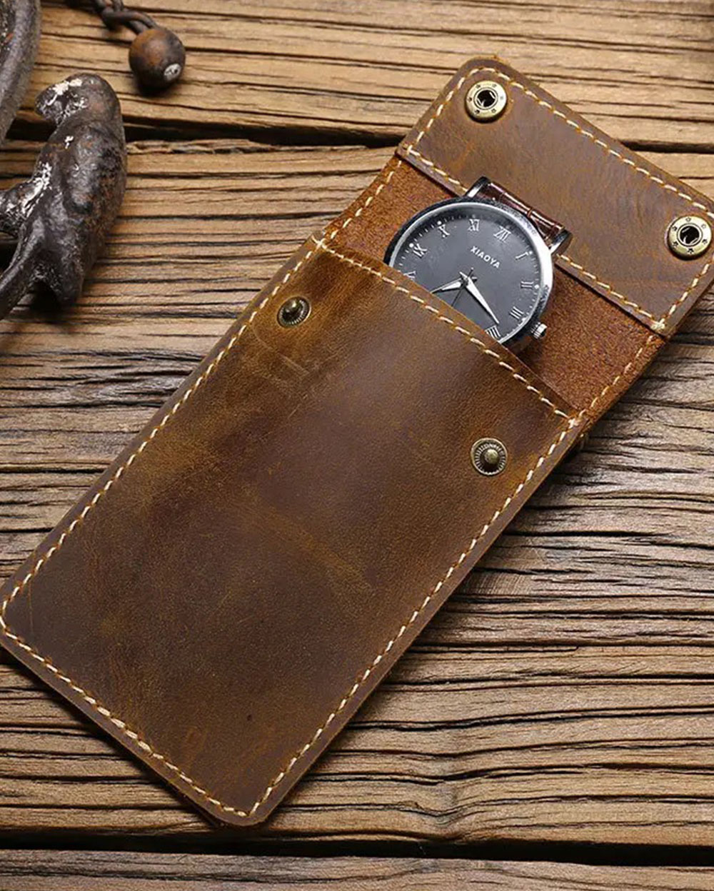 Premium Leather Travel Watch Pouch | Snap Button
