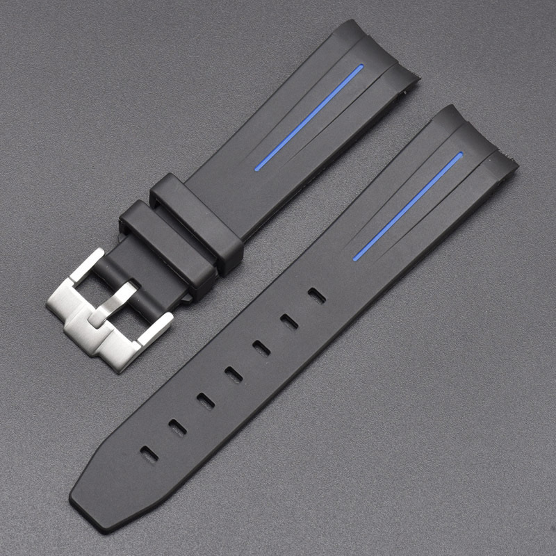 Premium Black with Blue Line Curved End Rubber Strap