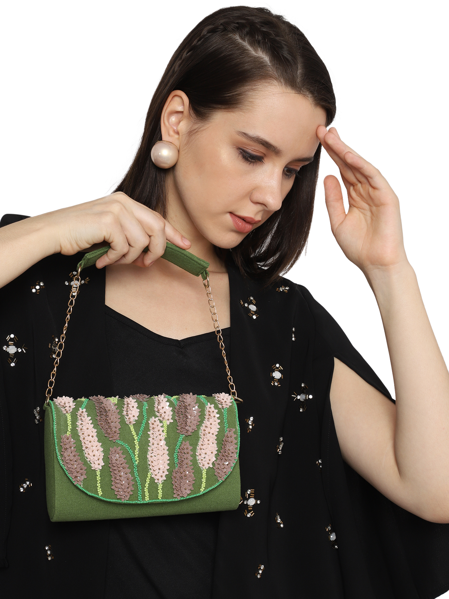 MarkQues Embellished Green Leafy Clutch | Trendy & Stylish