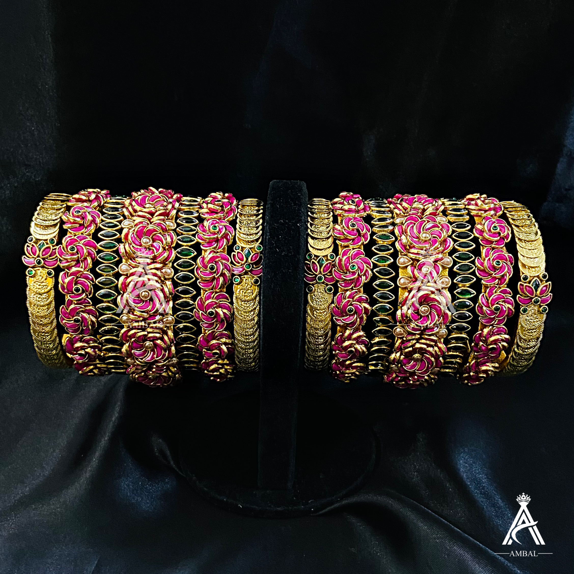 Rose designed kundan & Lakshmi Coin worked Silkthread Bridal Bangle Set - LK0087 (Double Hand ...