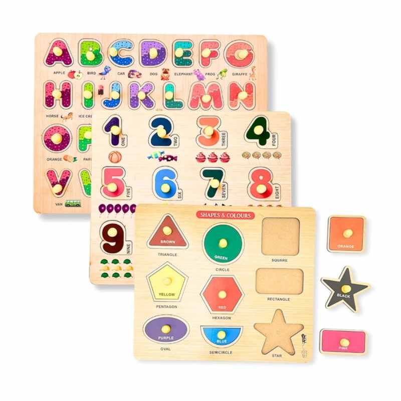 3-in-1 Wooden Peg Board | Shapes, Numbers, Alphabet Toy for Kids 2-5