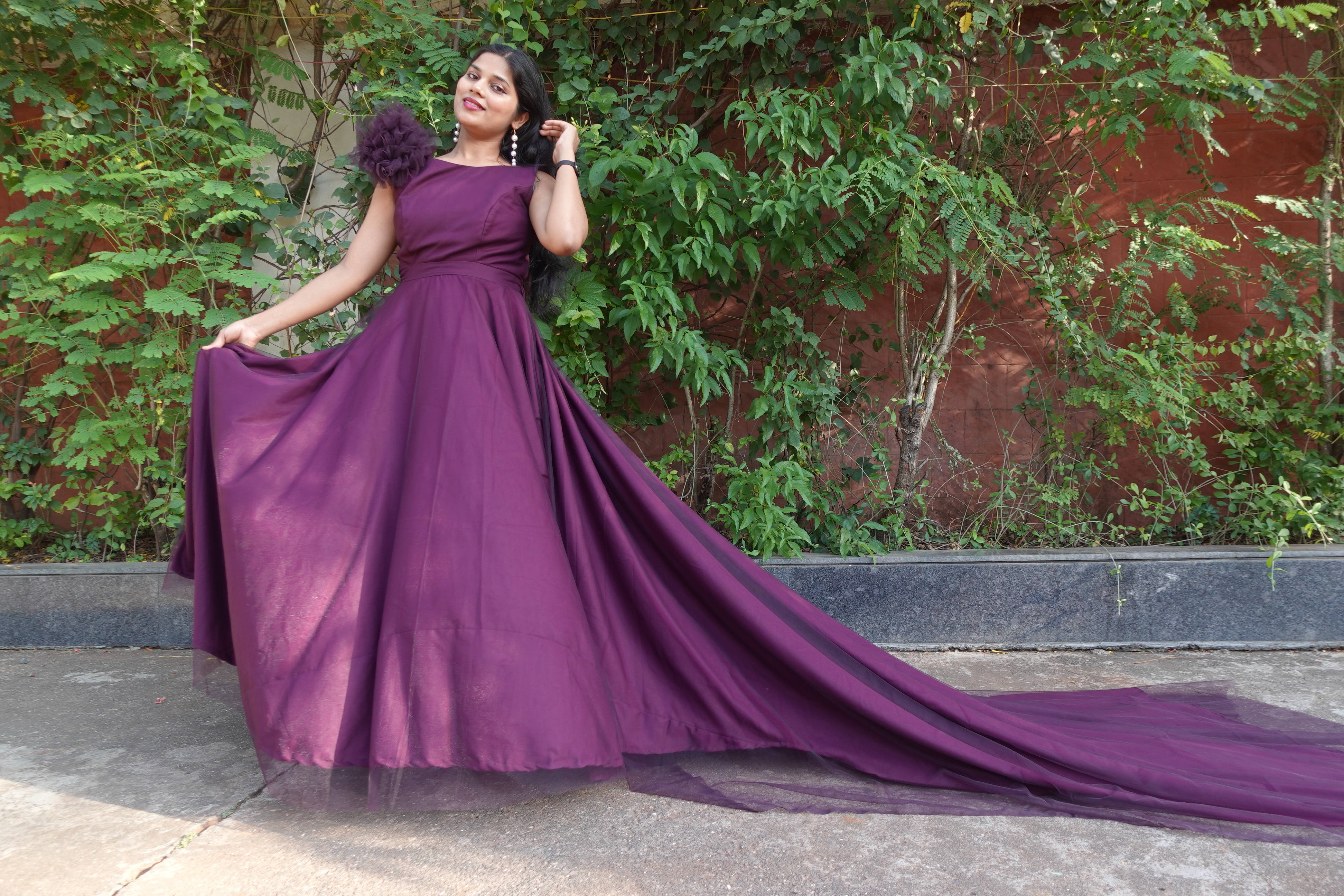 Rent Dark Purple Net plain long tail gown - silkboutique72