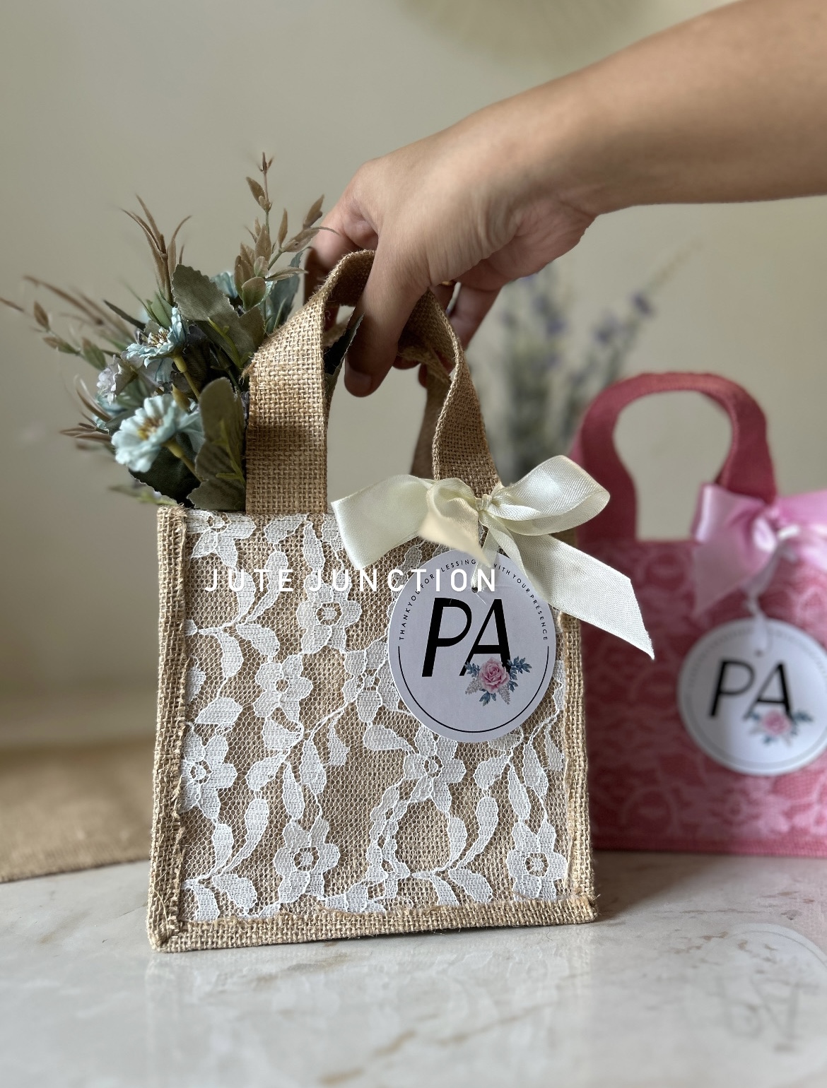 RUSTIC LACE JUTE GIFT BAGS WITH BOW (Pack of 10) - Jute Junction