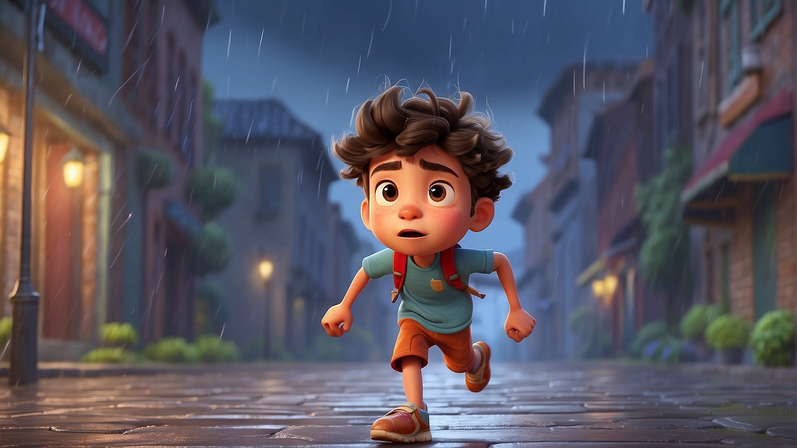 A cartoon boy, running under storm in the street illustration ai art ...