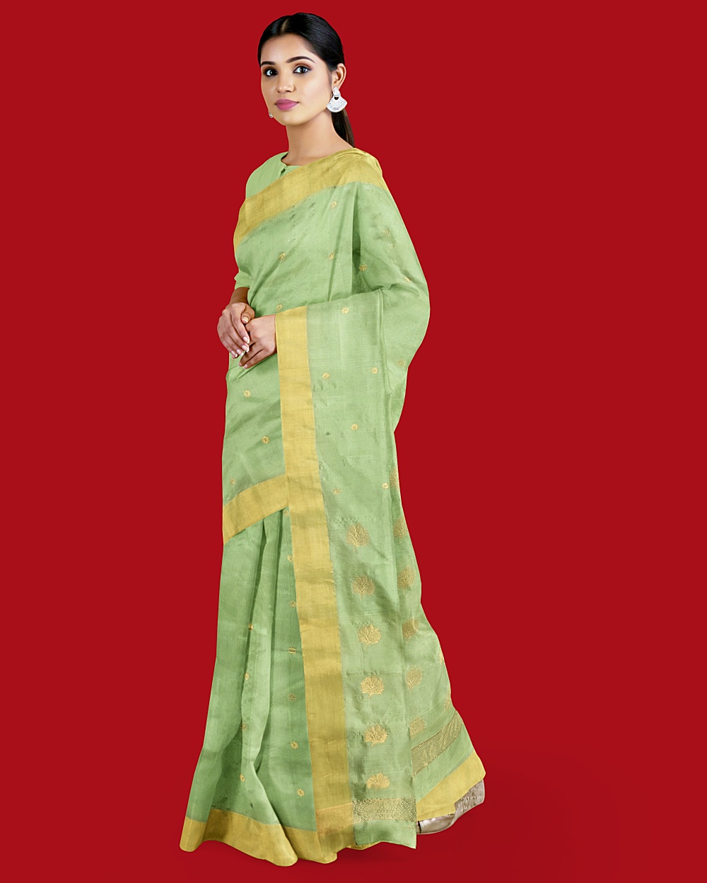 Elegant Green Chanderi Silk Saree with Gold Border and Floral Motifs ...