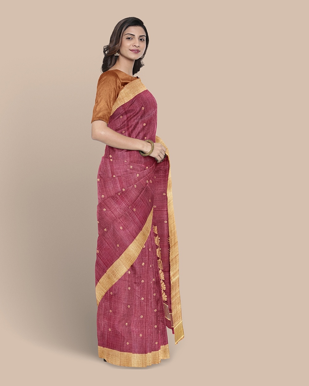 Maroon Chanderi Silk Saree with Golden Leaf Motifs and Traditional ...