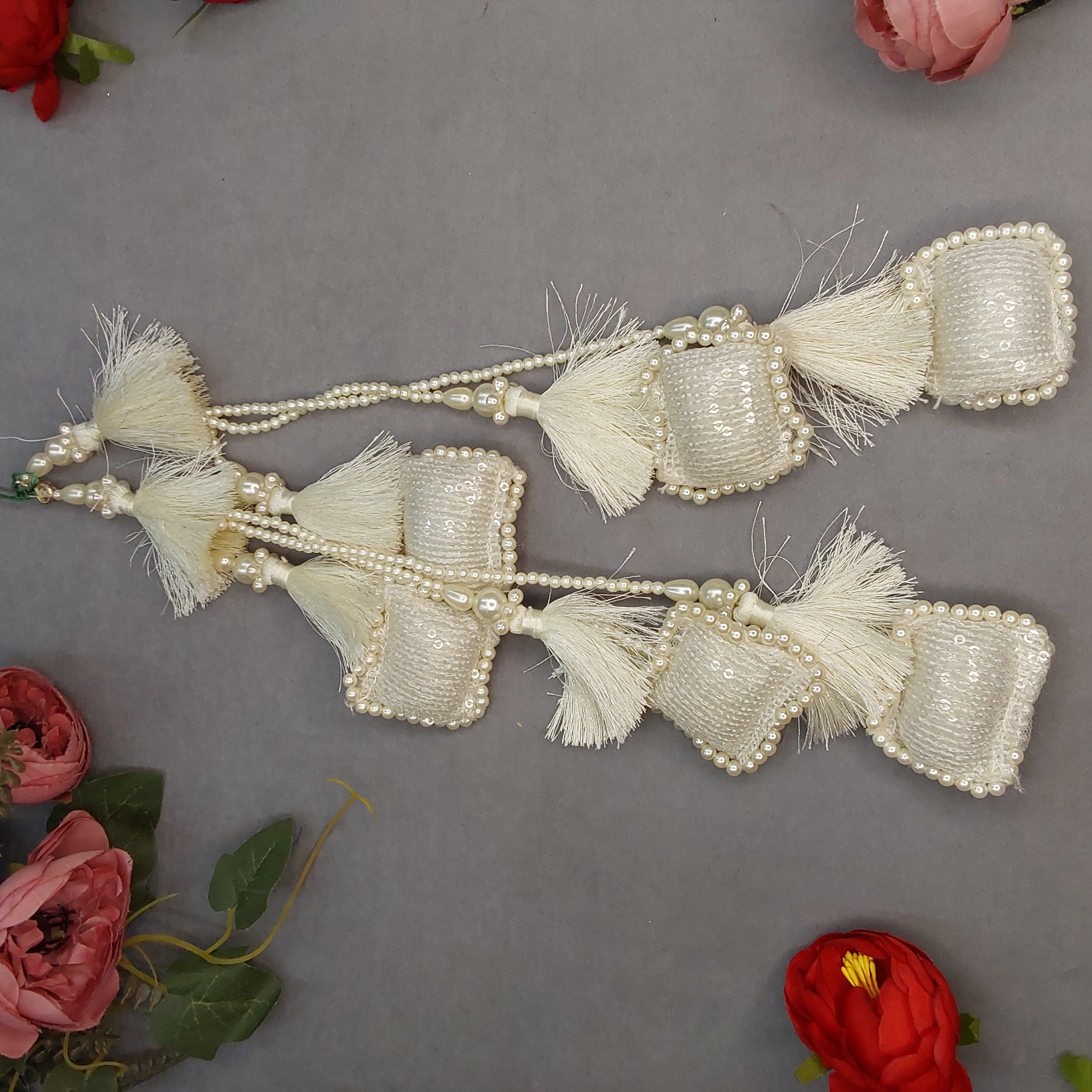 Long Dyeable Hangings With Beads Of White 080424 - Dhingra Lace