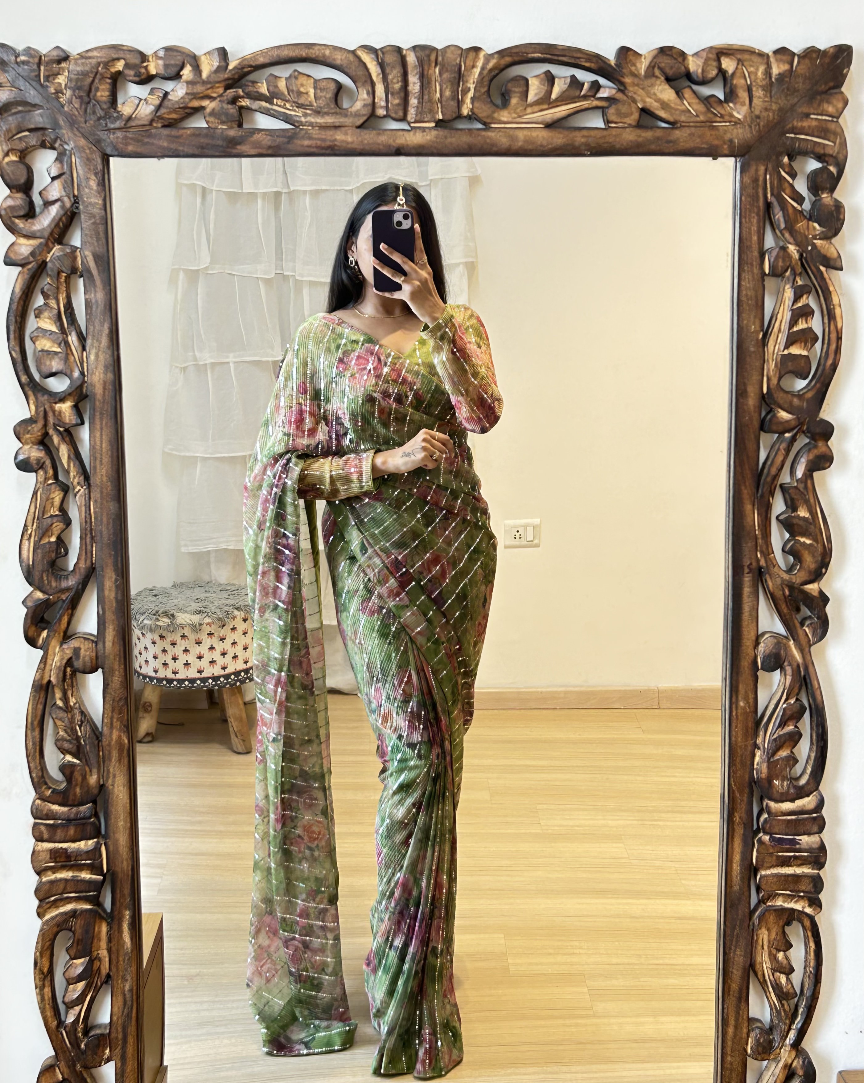 #MBA1536 Zehra 1 min saree and blouse-Green - Meraki by Anchal