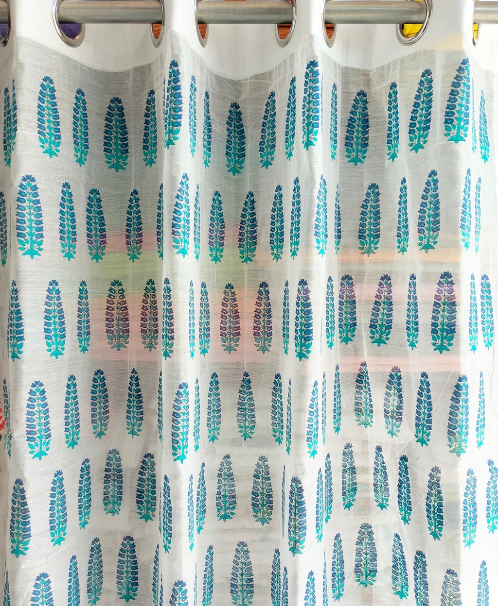 WHITE BASED TREE BLOCK PRINT SINGLE CURTAIN - Sai Creations