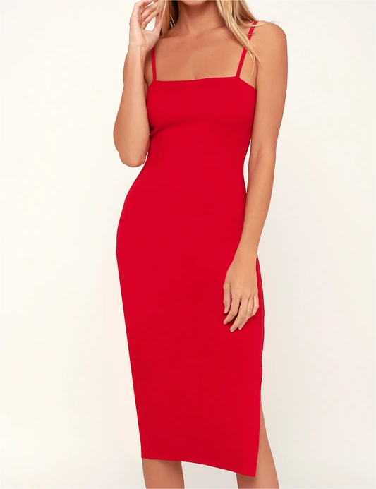 Red Bodycon Midi Dress with Back Zip - Elated Wardrobe