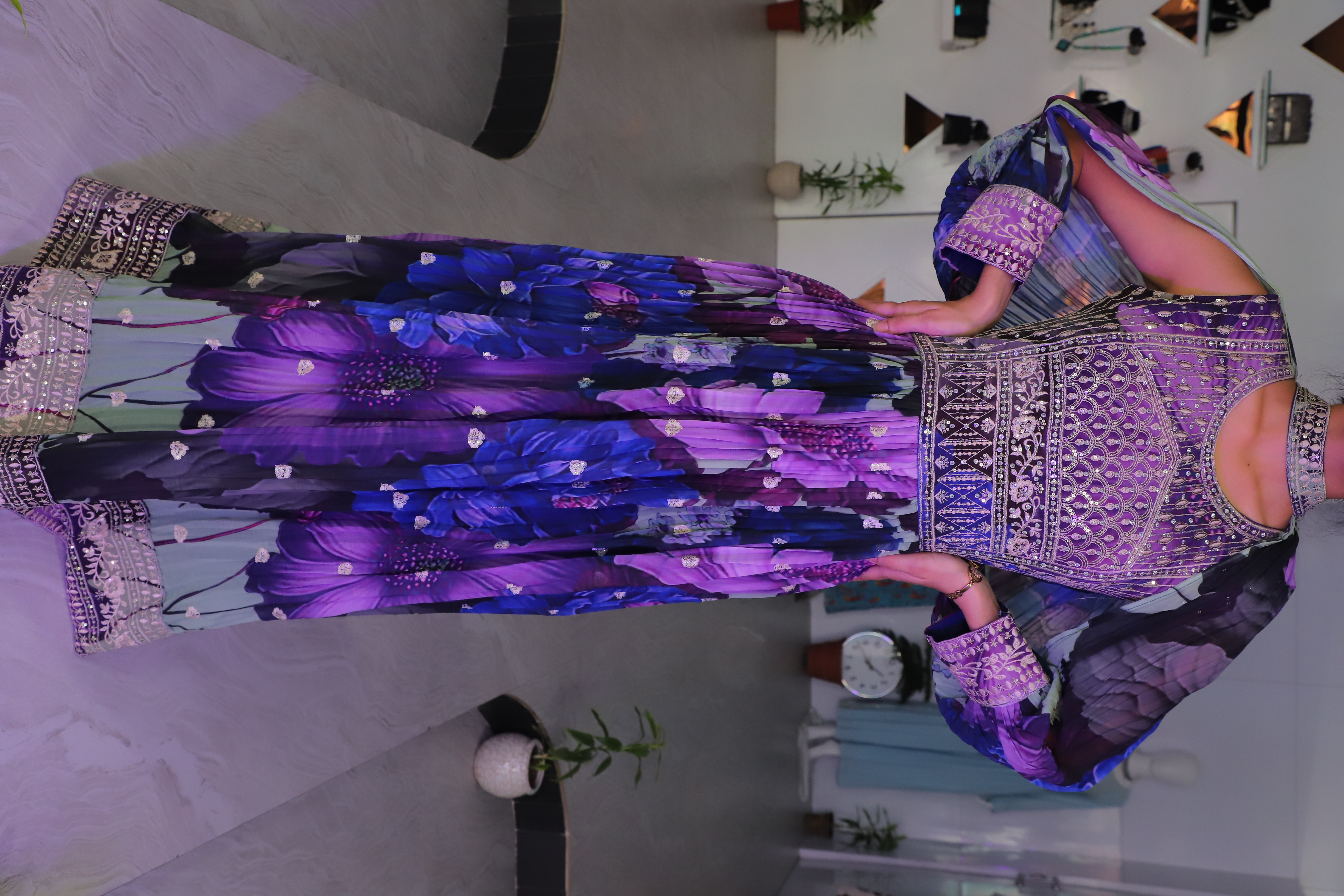 Floral Print Embroidery Maxi Dress With Jasmine Style Cape - VIEW