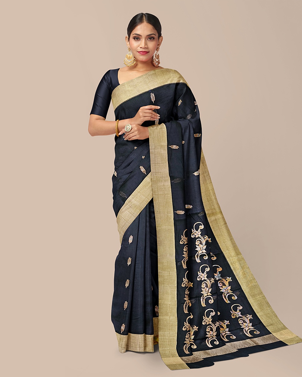 Black Chanderi Silk Saree with Ornate Gold Embroidered Border - The ...