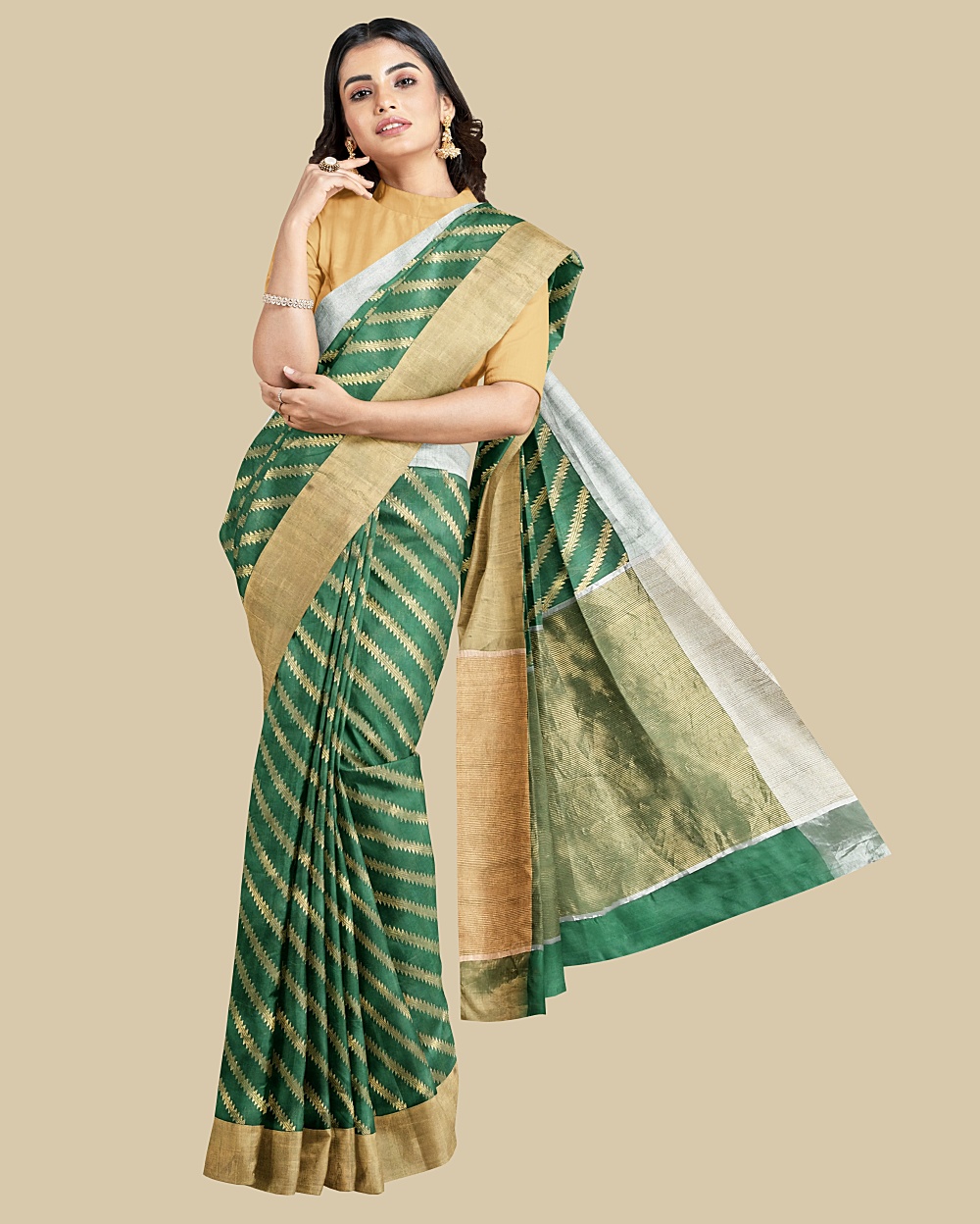 Elegant Green Handwoven Chanderi Silk Saree with Zari Border - The ...