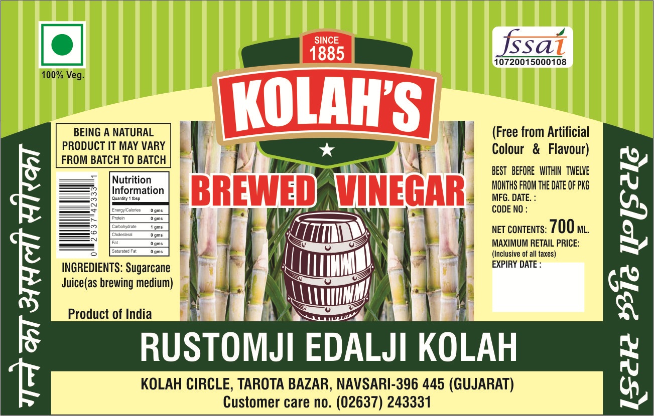 BREWED VINEGAR - MADE FROM SUGARCANE JUICE - RUSTOMJI EDALJI KOLAH
