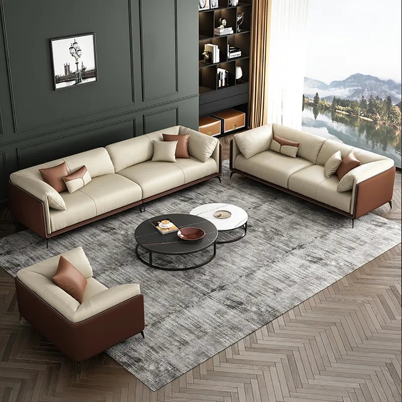 Luxury Microfiber Leather Upholstered Sofa in Brown Beige