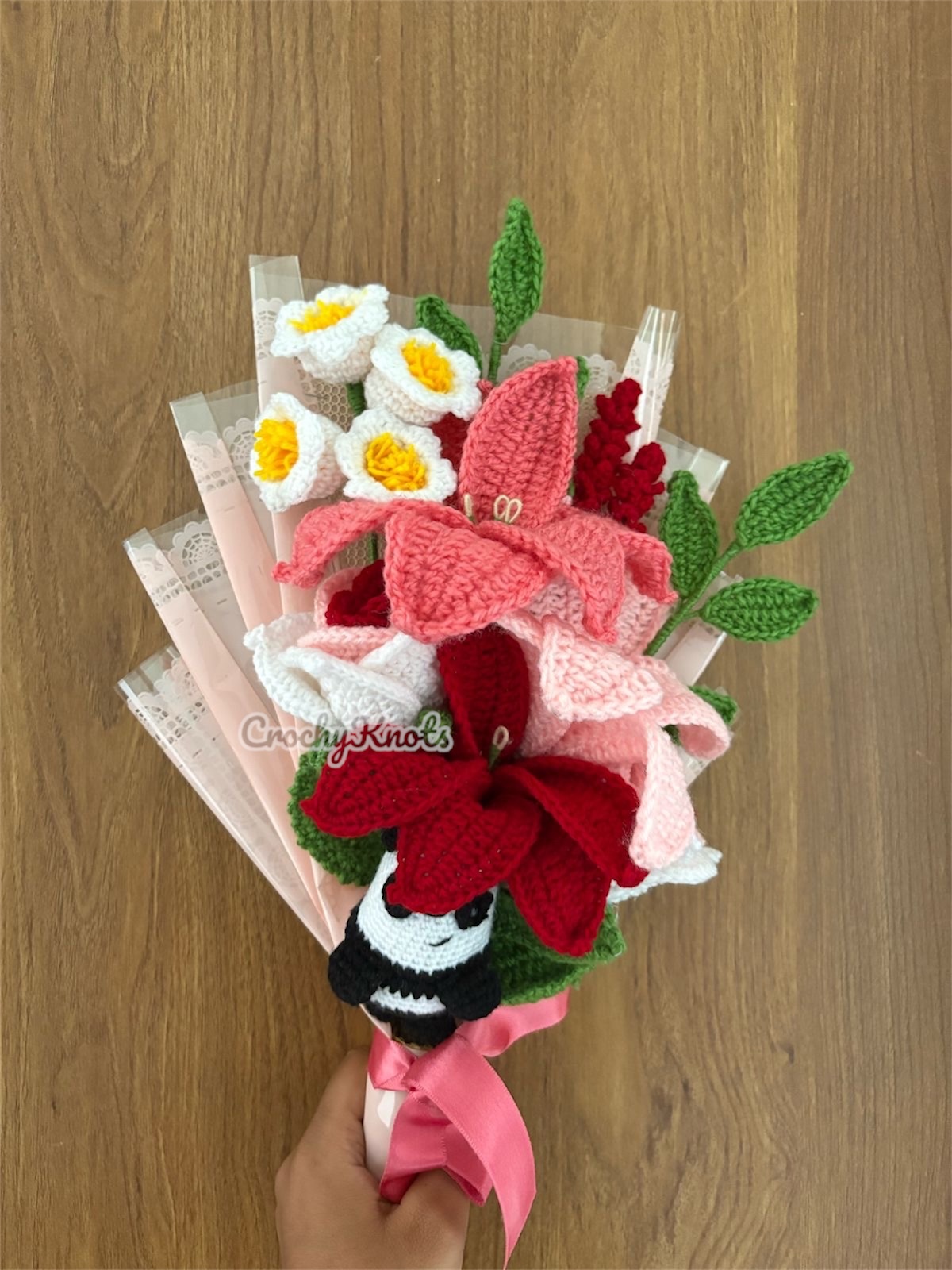 Ruby Bloom and Panda Whimsy ( Lily, Rose, Daffodils, Panda Bouquet) - CrochyKnots