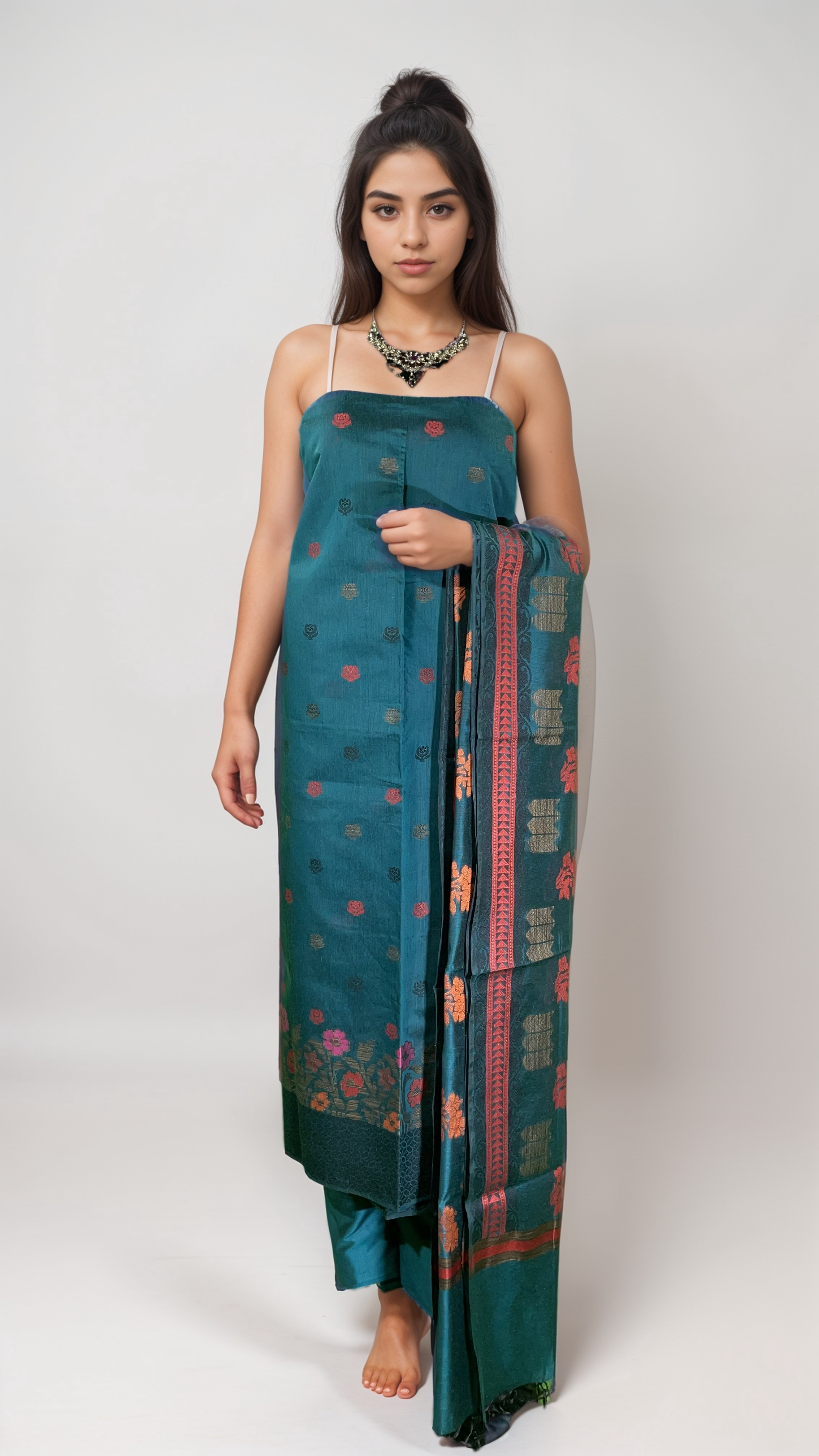 Banarasi Chanderi Cotton Silk Blackish Green Unstitched Suit with Full ...