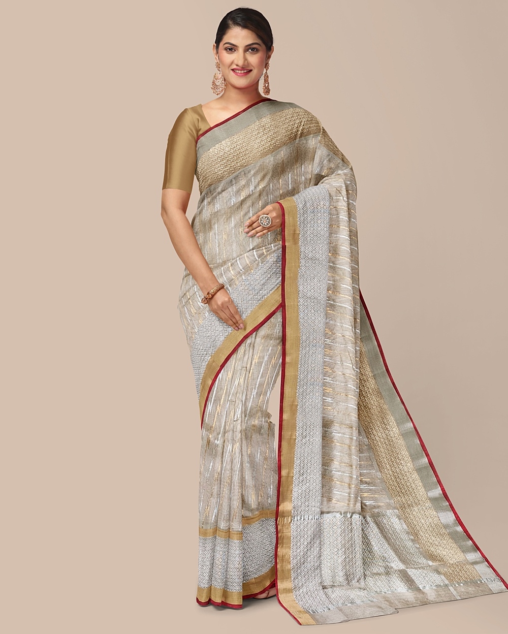 Silver and Gold Zari Work Chanderi Saree with Red Piping Accent - The ...