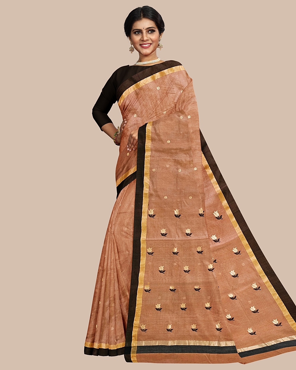 Elegant Brown Chanderi Saree with Gold Lotus Detailing - The House of ...