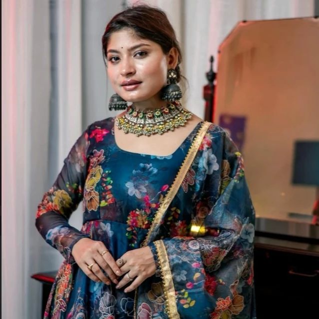 Midnight Blue Floral Anarkali Suit - ELYSYA