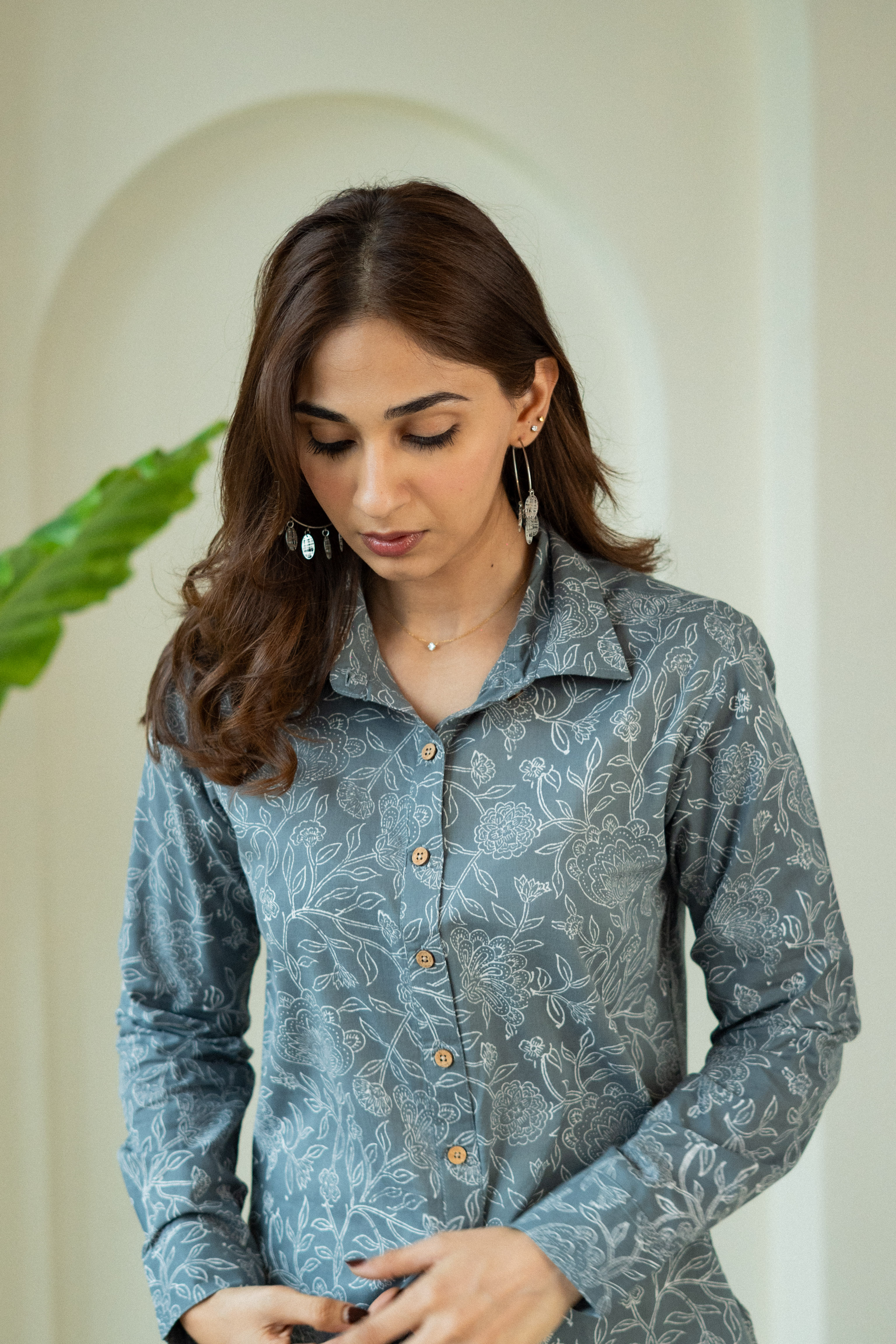 Grey Floral Sanganeri Handblock Shirt - NANA - KI