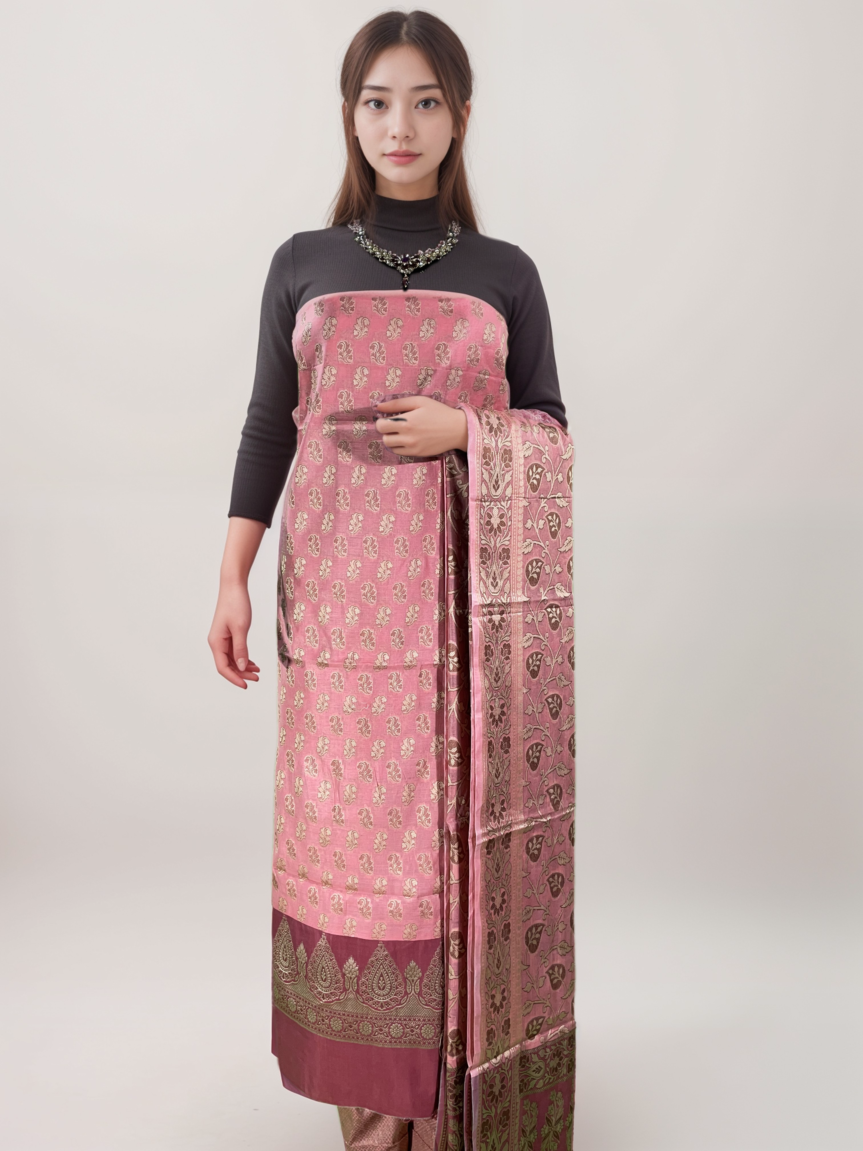 Banarasi Chanderi Silk Gajari Pink Color with Full Jaal Resham Weaving ...