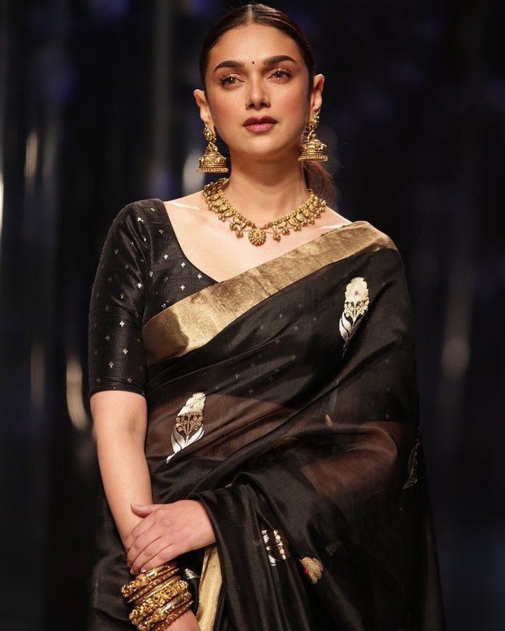 Black Chanderi Silk Saree with Golden Zari Border and Ethnic Motifs for ...