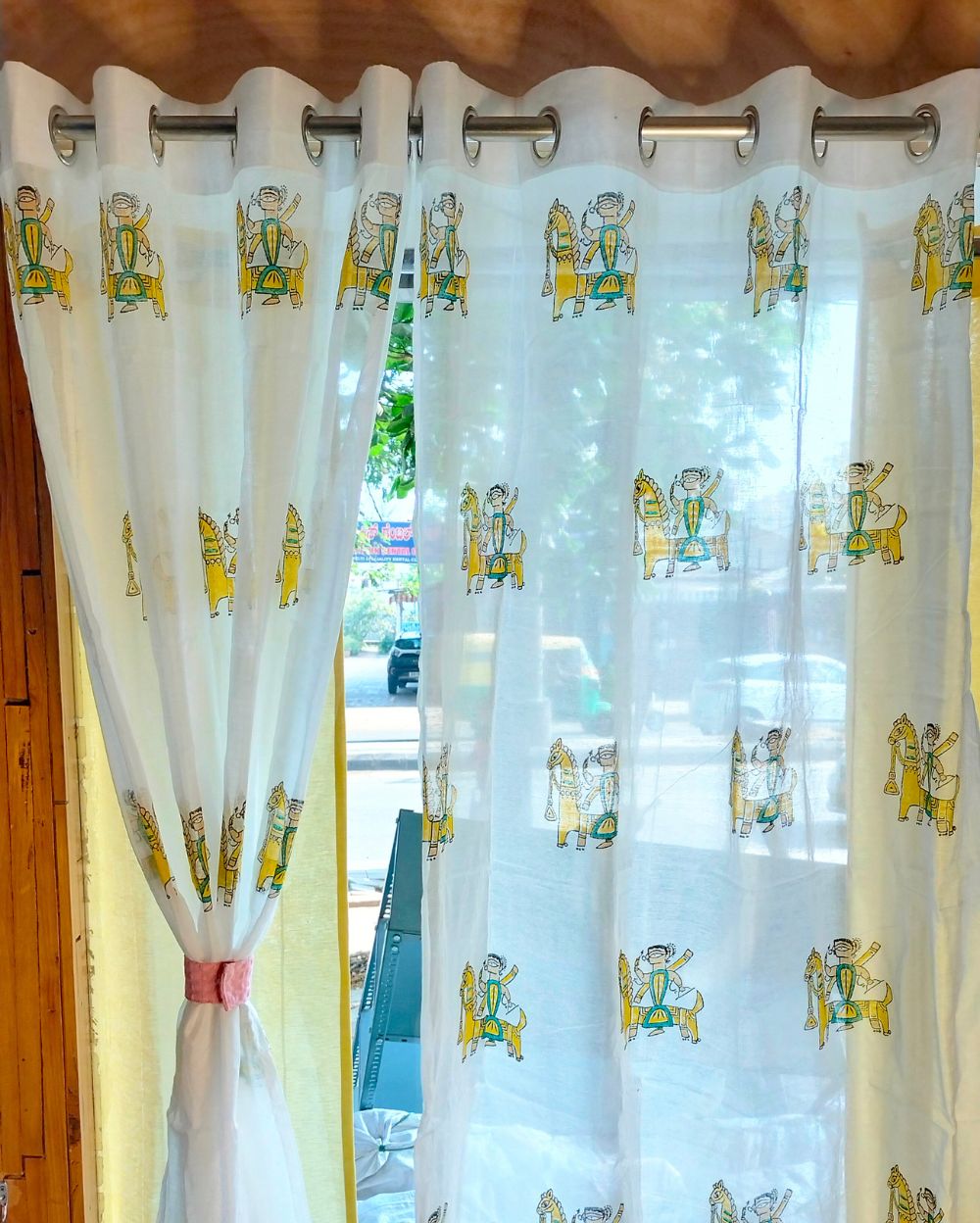 White Based Block Print Single Sheer curtain - Sai Creations