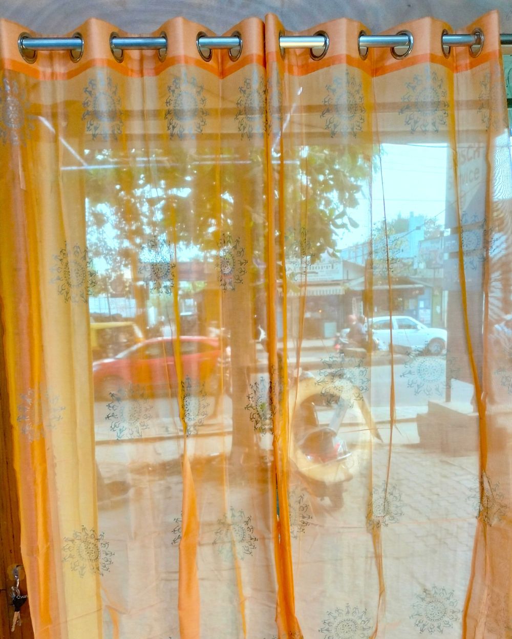 Orange Based Block Print Single Sheer Curtain - Sai Creations