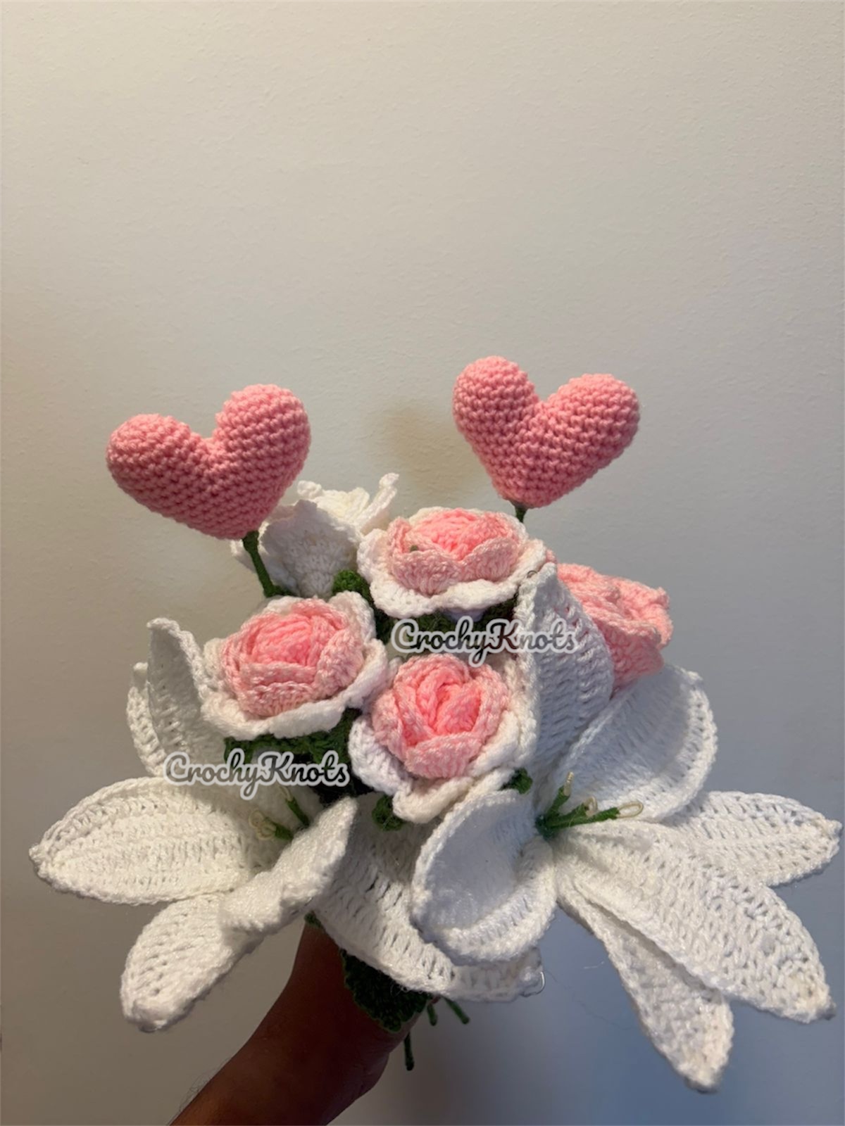 Rosy Loops & Love (Crochet White Lily and Roses Bunch) - CrochyKnots