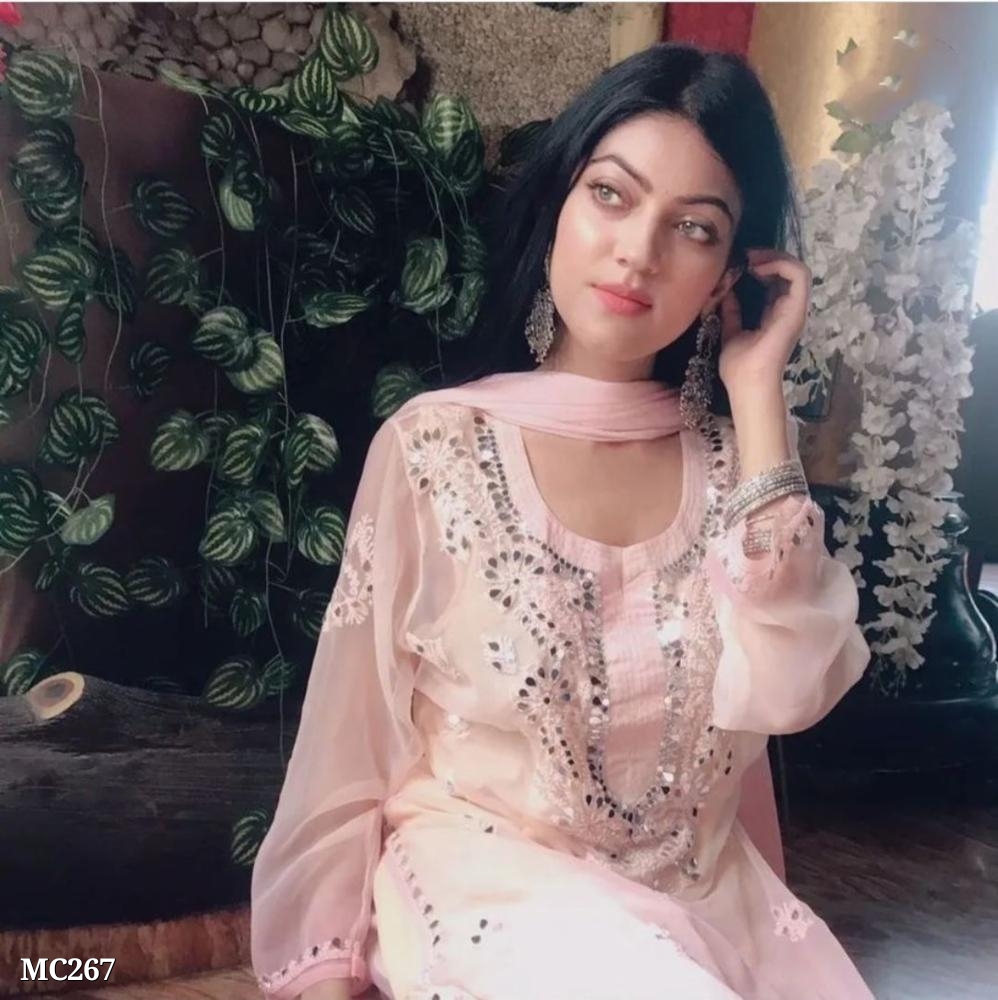 Lucknow Chikankari Handwork Embroidered Peach Gorgette Work Suit Set ...