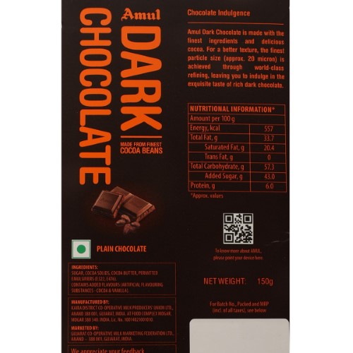 AMUL DARK CHOCOLATE BAR 150 G - Ghar Jaisi Baat