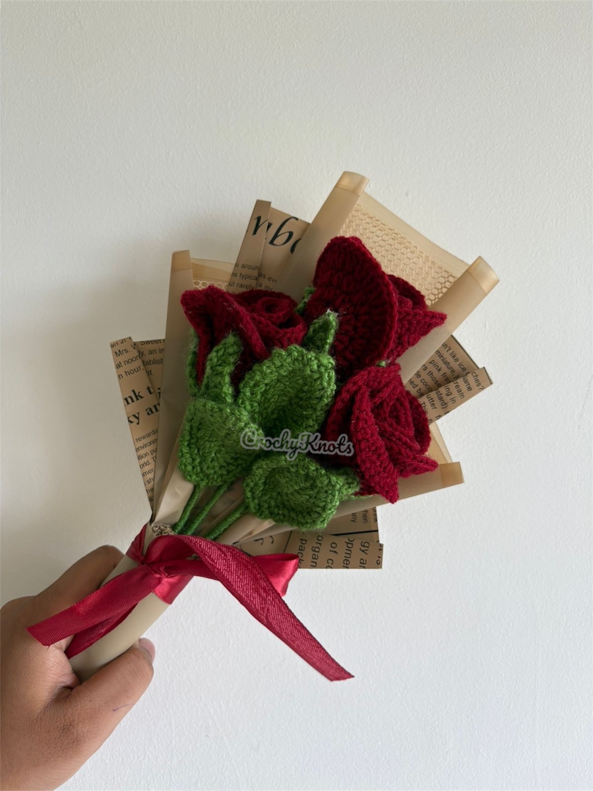 Crochet Maroon Muse Roses Bouquet - CrochyKnots