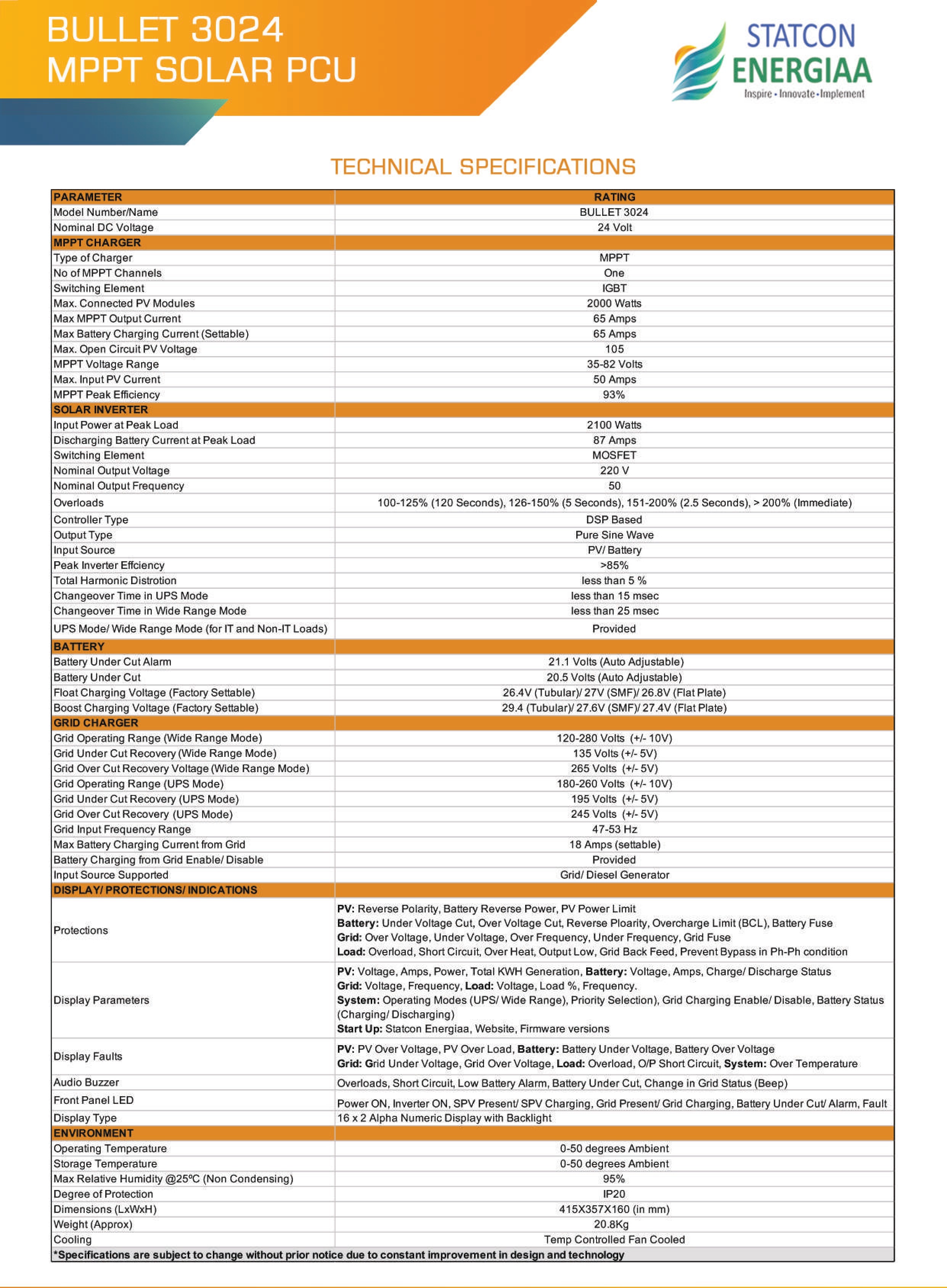 Statcon Energiaa Bullet 3024 24V 65A IGBT MPPT Solar PCU Inverter