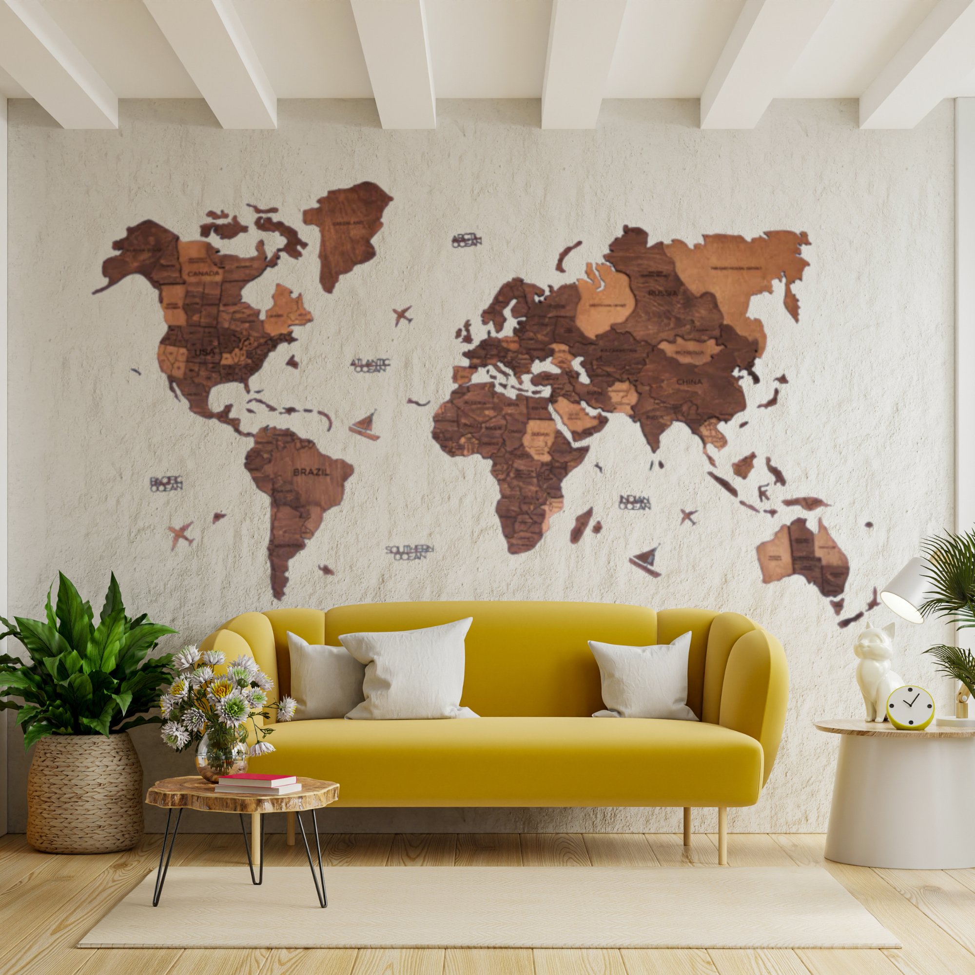 3D Wooden World Map Teak Finish – Premium Wall Decor | Wall-Decor.in