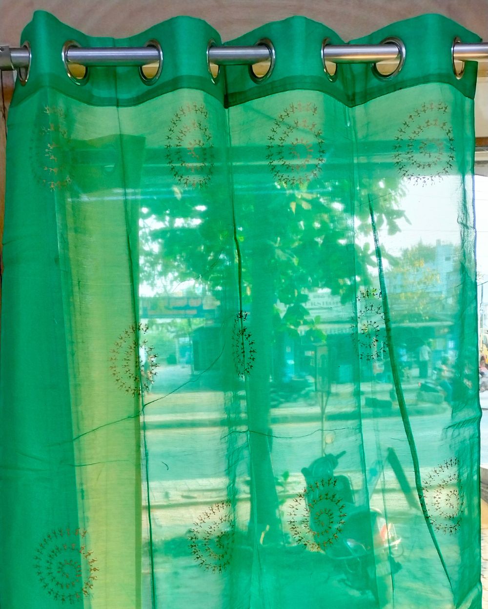 Green Block Print Single Sheer Curtain - Sai Creations